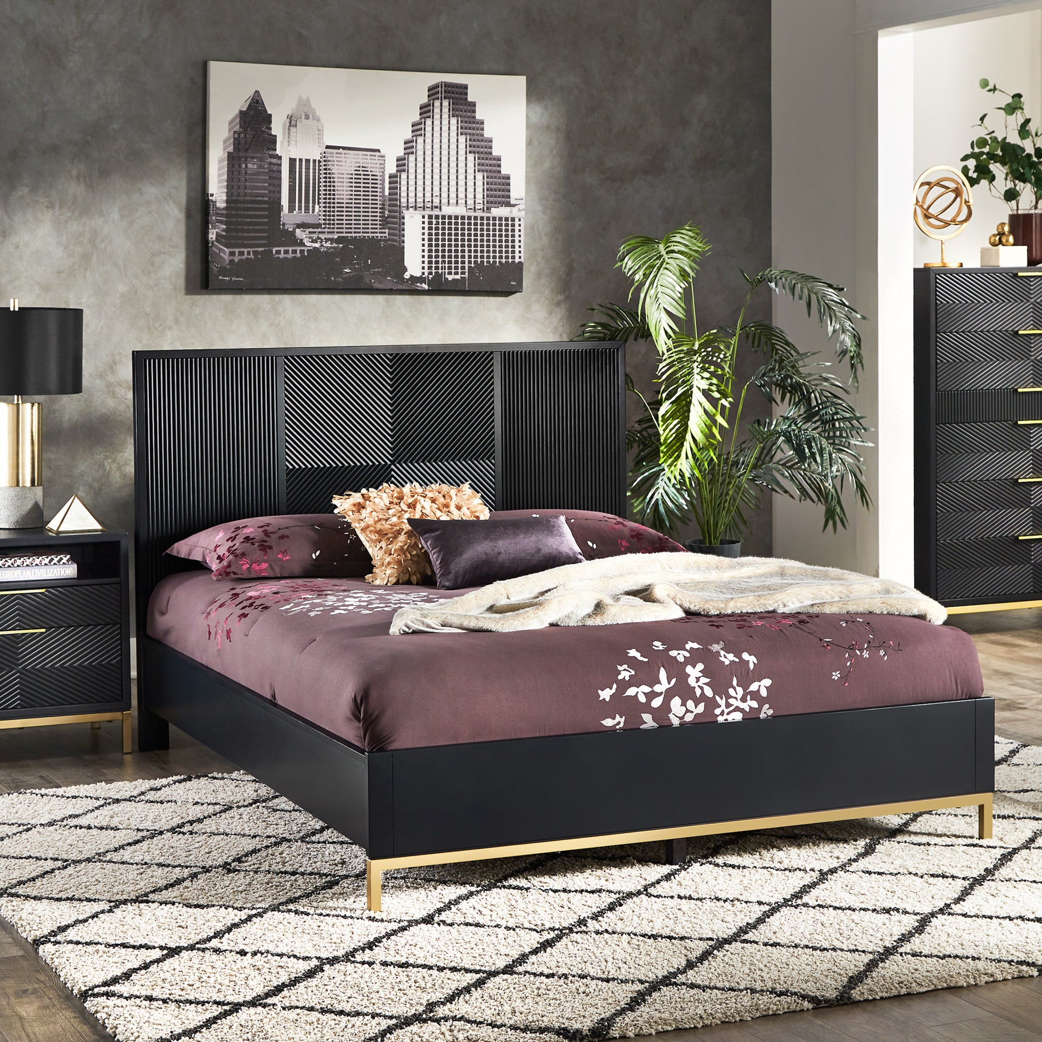 Low Profile Platform Bed - Black Finish, Gold Accent, Queen – Top-Line ...