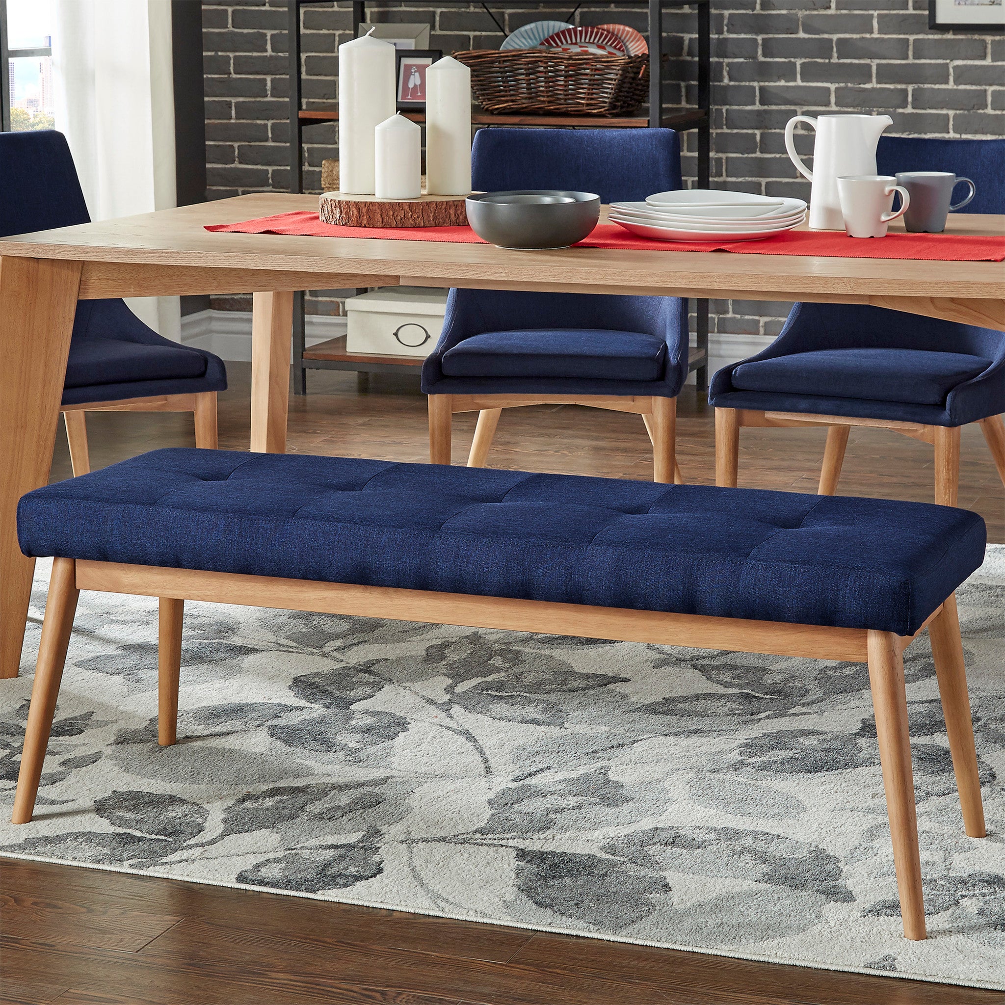 Oak Angled Leg Linen Dining Bench - Twilight Blue – Top-Line Furniture