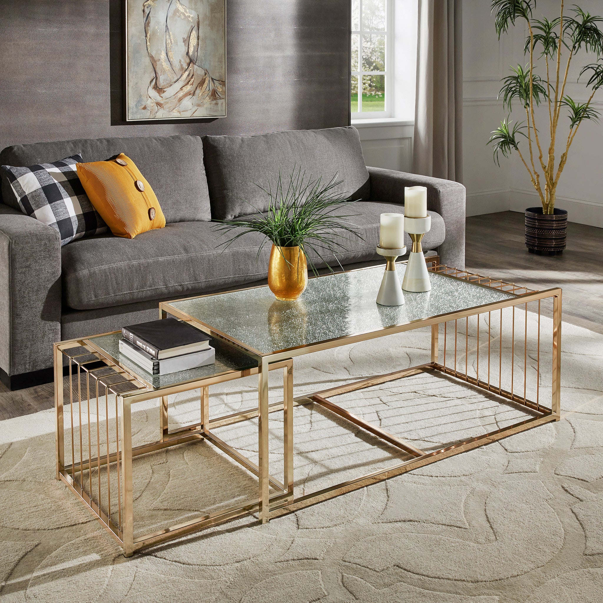 Champagne Gold Finish Textured Mirror Top Nesting Coffee Table – Top ...