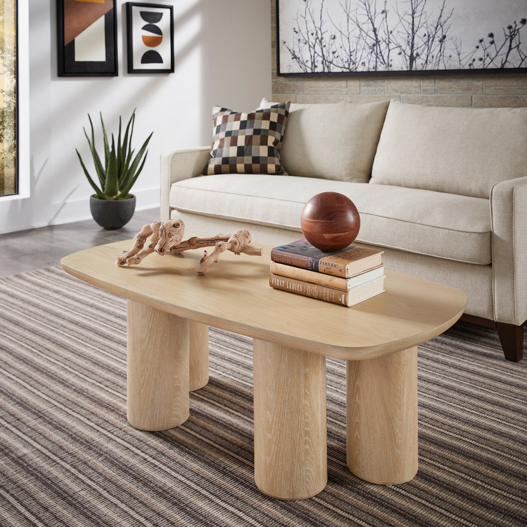 Contemporary Oak-Finished Table with Sturdy Column Base - Coffee Table ...